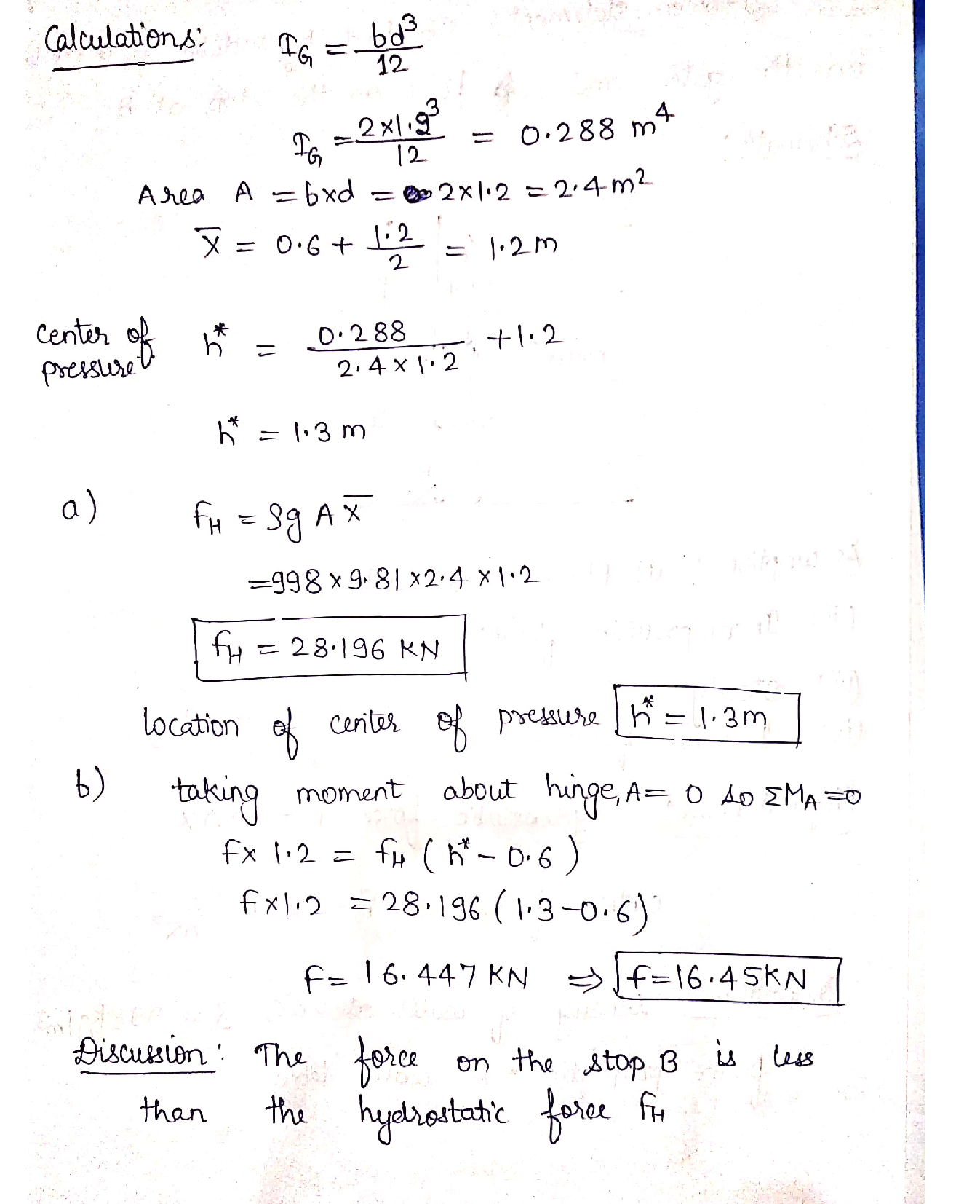 Solved: A 1.2 meter high, 2 meter wide rectangular gate is hinged at ...